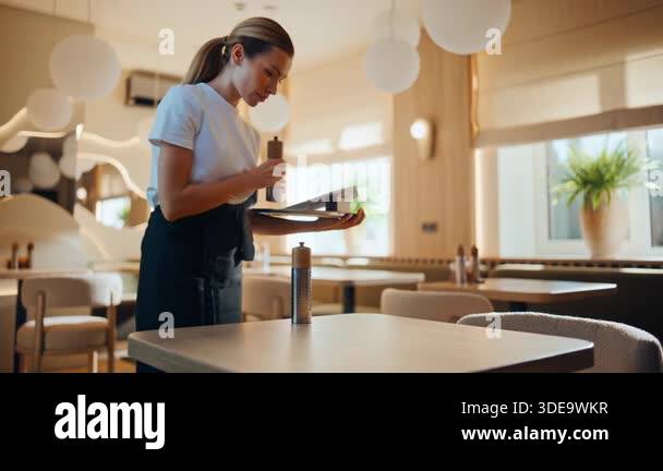 Serious restaurant staff putting dishes serving table closeup. Young ...