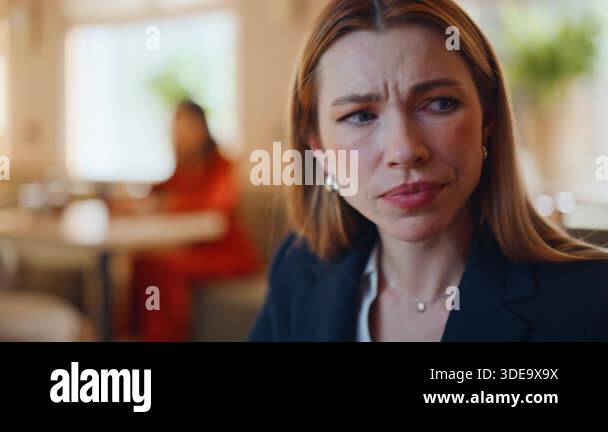 Business lady worried failure sitting cozy cafe wearing elegant suit ...