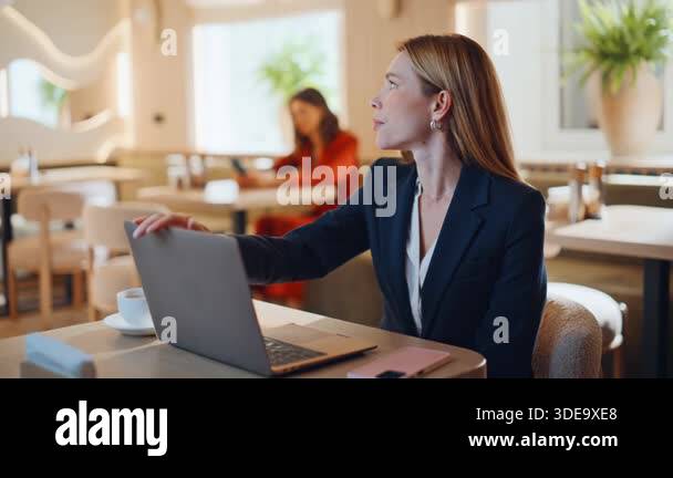 Shocked lady find mistake in online project sitting cafe closeup ...