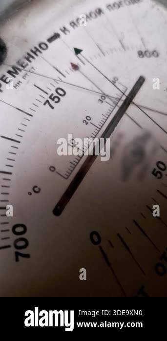 Macro shot of a vintage analog weather station featuring a barometer ...