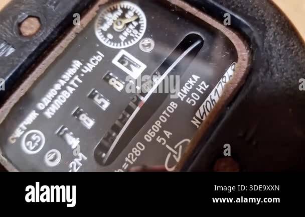 Close-up of a vintage black single-phase electricity meter dial ...