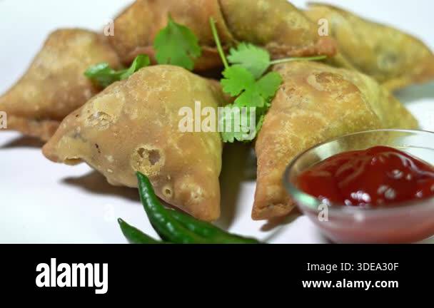 Indian samosas (Indian triangular pastry) rotating on a white plate ...