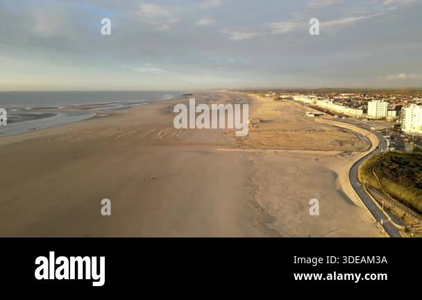 Drone aerial view of Berck-sur-Mer coastline in northern France, vast ...