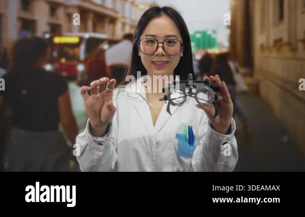 Woman optician wearing uniform holds glasses on a busy street ...