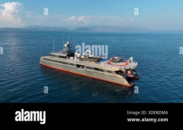 Cinematic Aerial View of Luxury Catamaran Superyacht Support Vessel ...