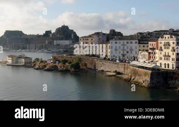 Aerial drone view of historic Corfu Old Town and Old Fortress Paleo ...