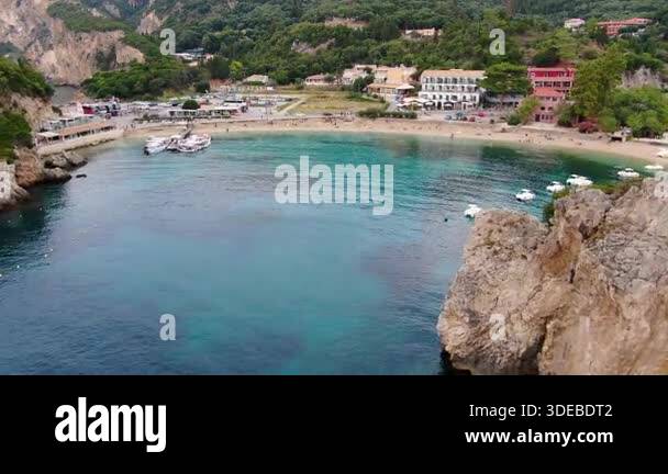 Beautiful drone shot of Agios Spyridon beach in Paleokastritsa Corfu ...