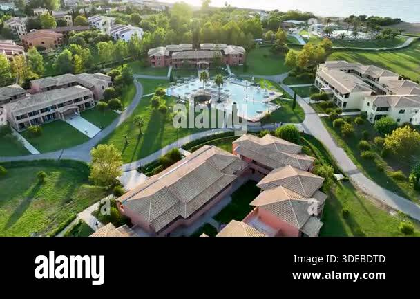 erial View of Warm Sunset Light Hitting a Luxury Resort Complex and ...