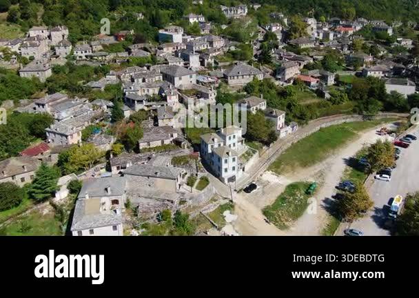 Aerial close up of slate stone roofs in traditional village Papingo ...