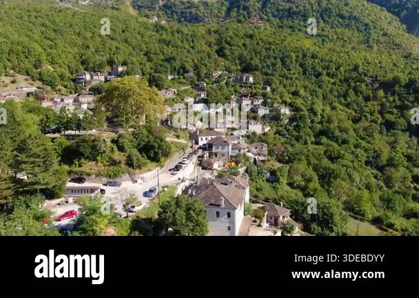 Aerial view of a stone village square and plane tree in Papingo Zagori ...