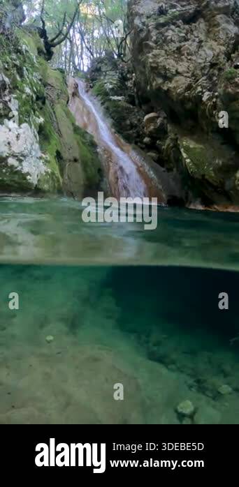 Half Underwater Split Shot of Scenic Nymfes Waterfall in Lush Green ...