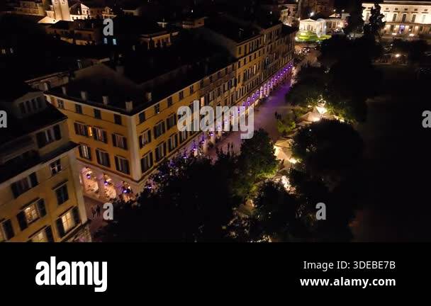 Nighttime Aerial of Liston Arcade in Corfu Town During Easter Holy Week ...