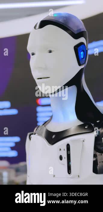 Futuristic robot portrait featuring smooth white head, blue sensor ...