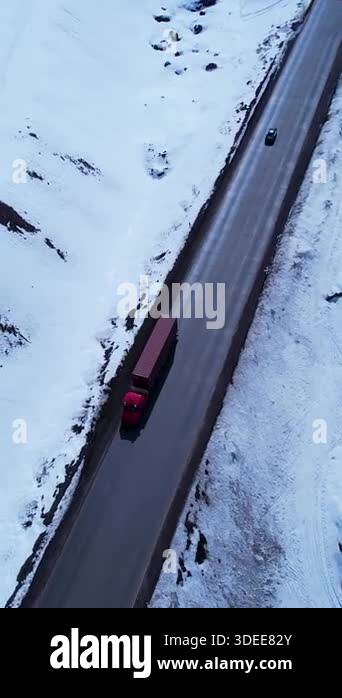 Cargo Truck at Snowy road in Andes Mountains Santiago Chile. White road ...