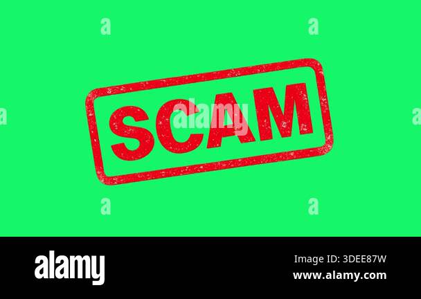 Bold red SCAM stamp with distressed texture on bright green ...