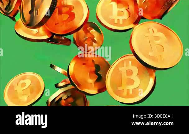 Digital rendering of shiny Bitcoin coins falling against green backdrop ...