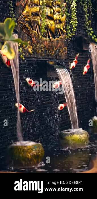 Wall fountain with cascading water koi fish pirate ship relief, Indoor ...