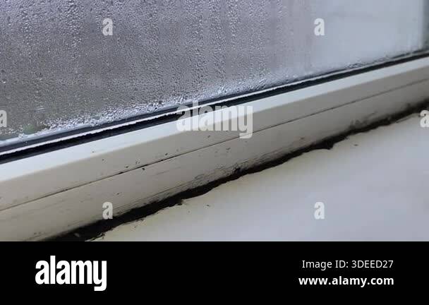 window showing condensation and fogging on glass. Moisture collects ...