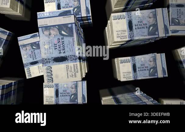 Iceland krona Icelandic money notes packs loop. 3D flight over 10000 ...