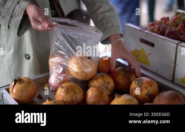 Close up of a woman selecting fresh pomegranates and putting them into ...