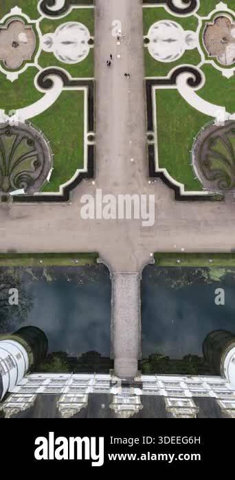 Top down aerial view of a symmetrical formal garden with geometric ...