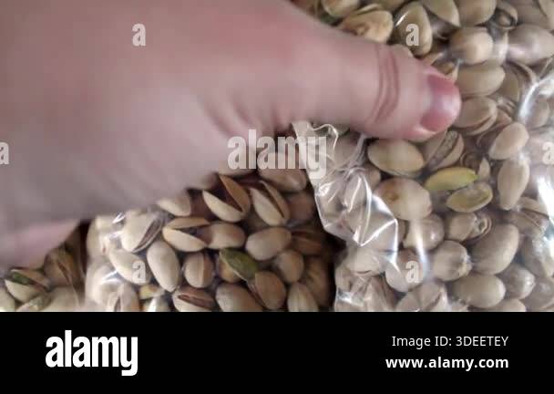 A hand inspects bags filled with fresh pistachio nuts, showcasing their ...