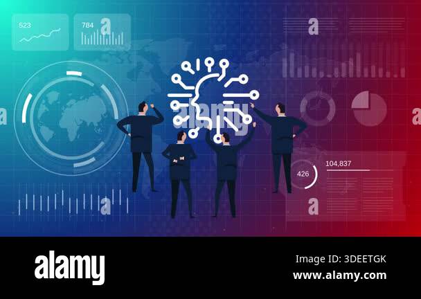 Animated business people looking at artificial intelligence neural ...