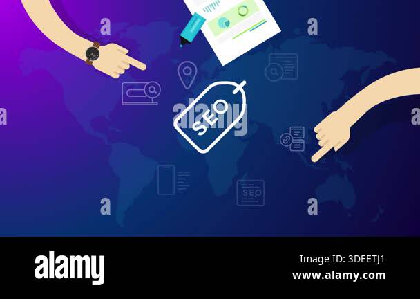 Animation of hands pointing to SEO tag symbol on global map background ...