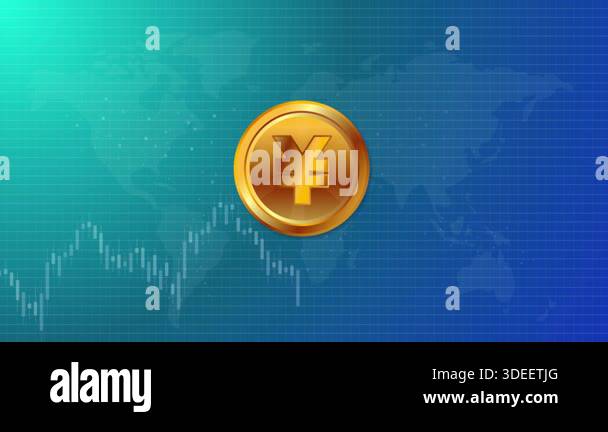 gold Japanese yen coin on blue background with bullish candlestick ...