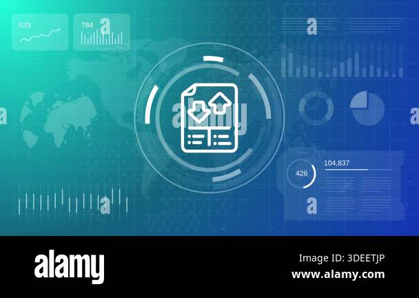 Blue digital technology background with document transfer icon showing ...