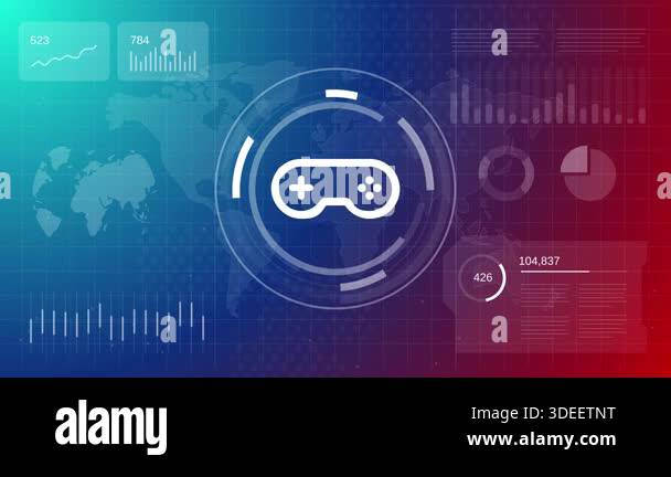Gaming controller icon animation on a vibrant futuristic technology ...