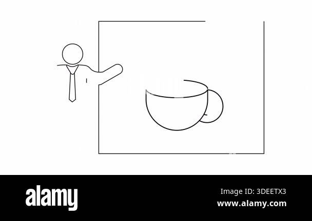 Line art depicts a figure pointing to a framed coffee cup drawing with ...