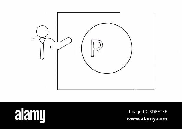 Line drawing of a person pointing to a screen displaying RM in a circle ...