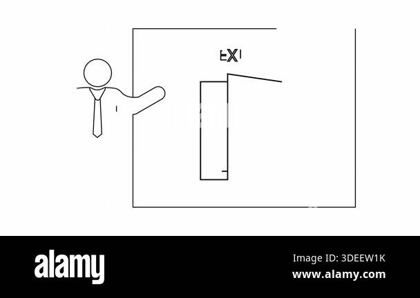 Illustration of a stick figure gesturing towards an open door under an ...