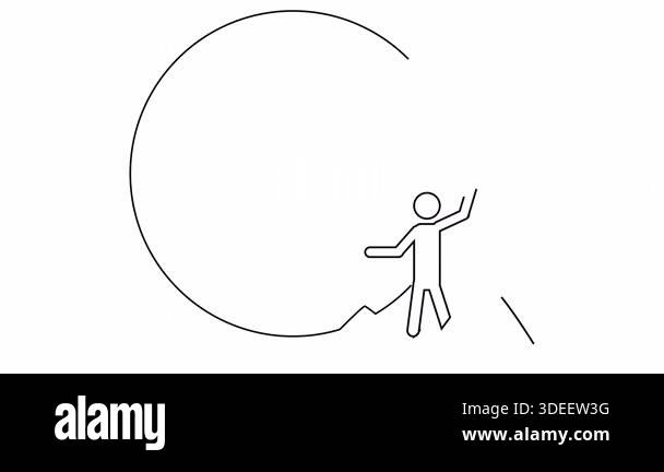 A stick figure plants a flag on a mountain peak a clock in background ...