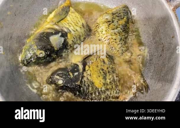 Deep Frying Seasoned Carp Fish Heads in a Hot Wok with Bubbling Oil ...
