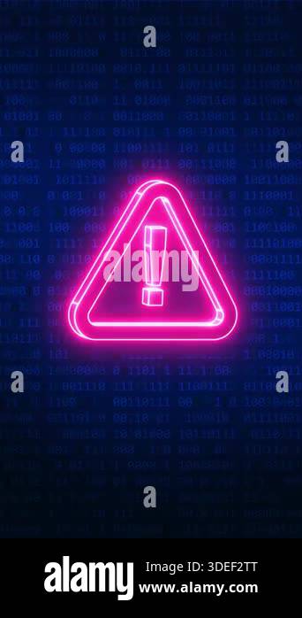 Pulsating pink neon warning sign with an exclamation mark over a ...