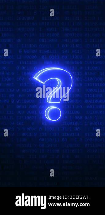 Luminous blue neon question mark icon rotating over a digital background of scrolling binary ...