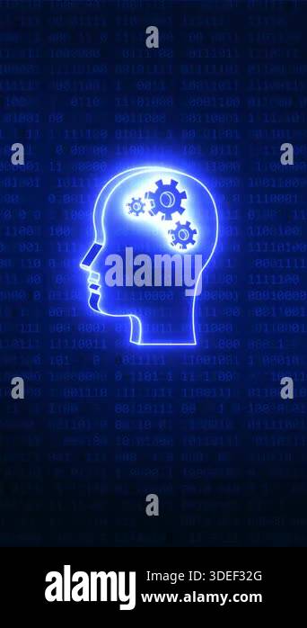 Glowing blue neon human head profile containing rotating gears. A ...