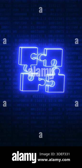 Luminous blue neon puzzle pieces coming together against a moving digital background of binary ...