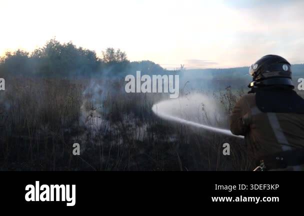 Male firefighter in uniform extinguishes burning dry grass using fire ...