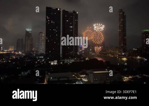 Chao phraya river at night with fireworks in Bangkok, Thailand Stock ...