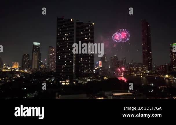 Chao phraya river at night with fireworks in Bangkok, Thailand Stock ...
