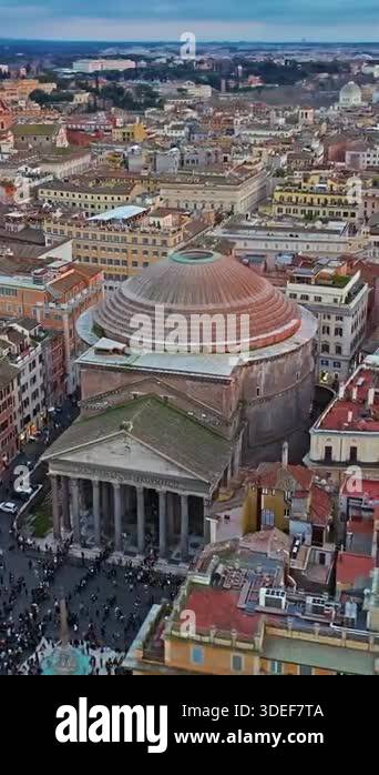 Pantheon facade in Rome, Italy, aerial descending on the ancient ...