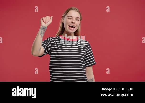 Woman Waves Goodbye, Bye, Friendly Smile, Open Palm Movement On Red ...