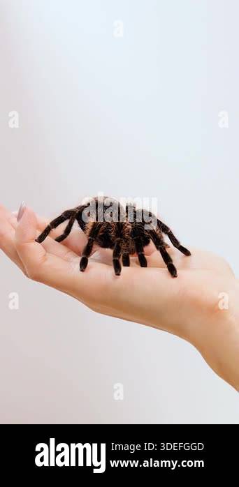 A large tarantula slowly walks across an outstretched hand in a ...