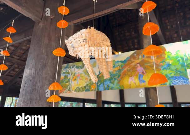 Hanging elephant mobiles sway in pavilion Stock Video Footage - Alamy