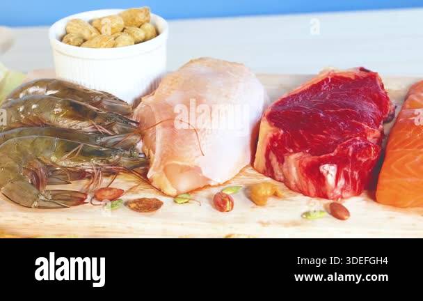 A vibrant display of various protein-rich foods including meats ...