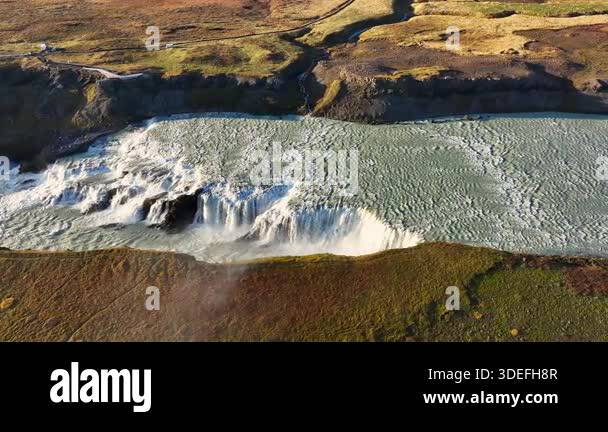Aerial view of the Gullfoss falls - waterfall in Iceland Stock Video ...