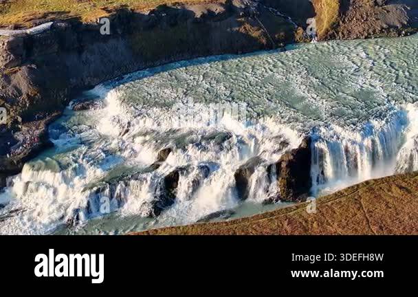 Aerial view of the Gullfoss falls - waterfall in Iceland Stock Video ...
